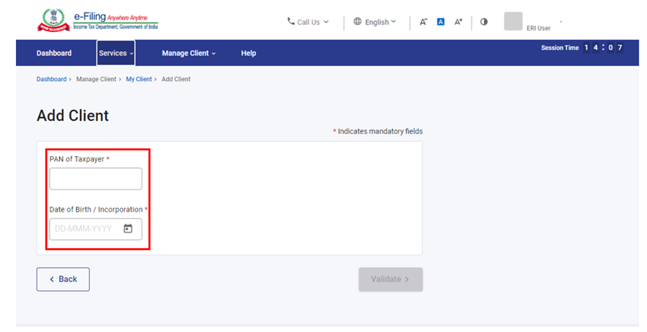 Add Clients (by ERIs) > User Manual | Income Tax Department