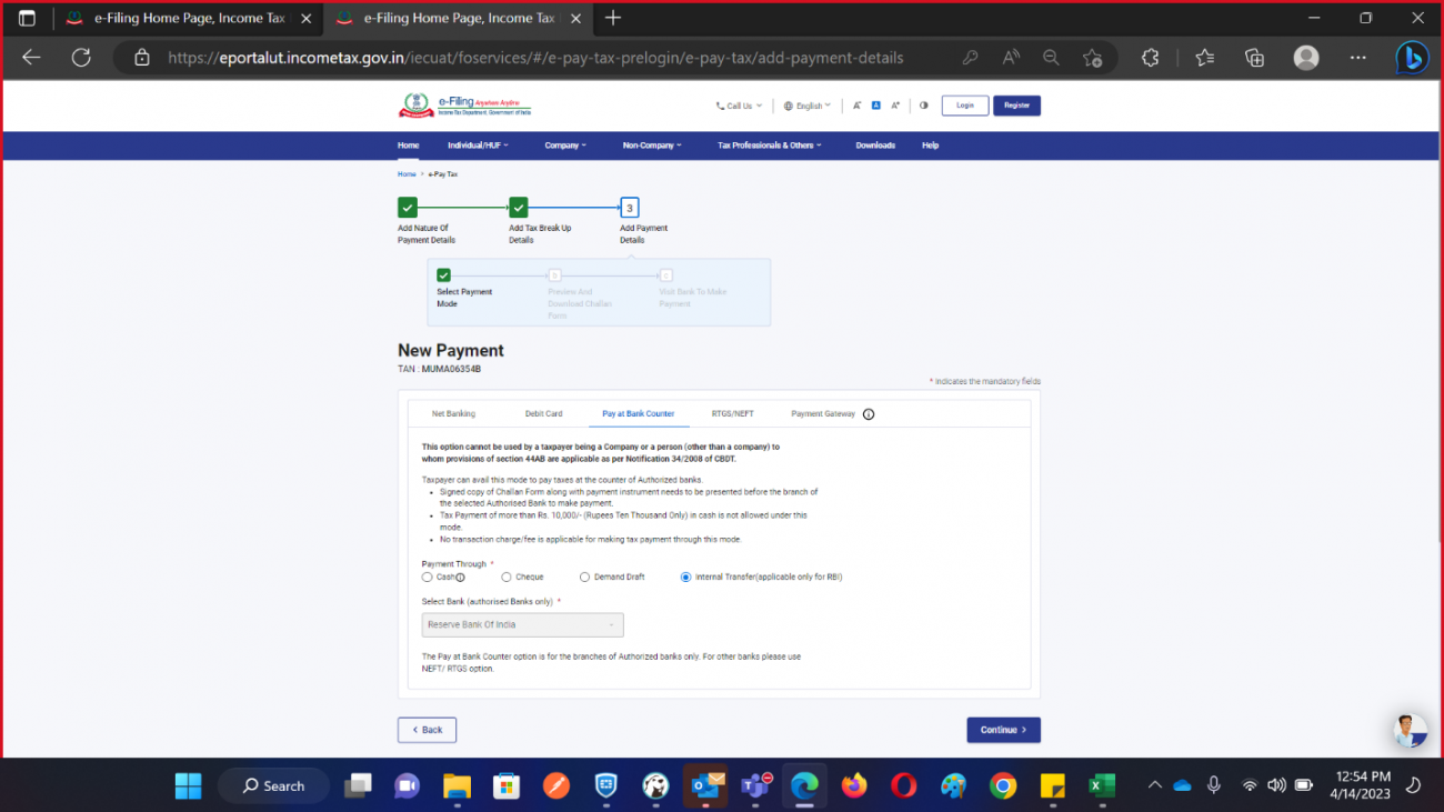 Tax payment over the Counter User Manual | Income Tax Department