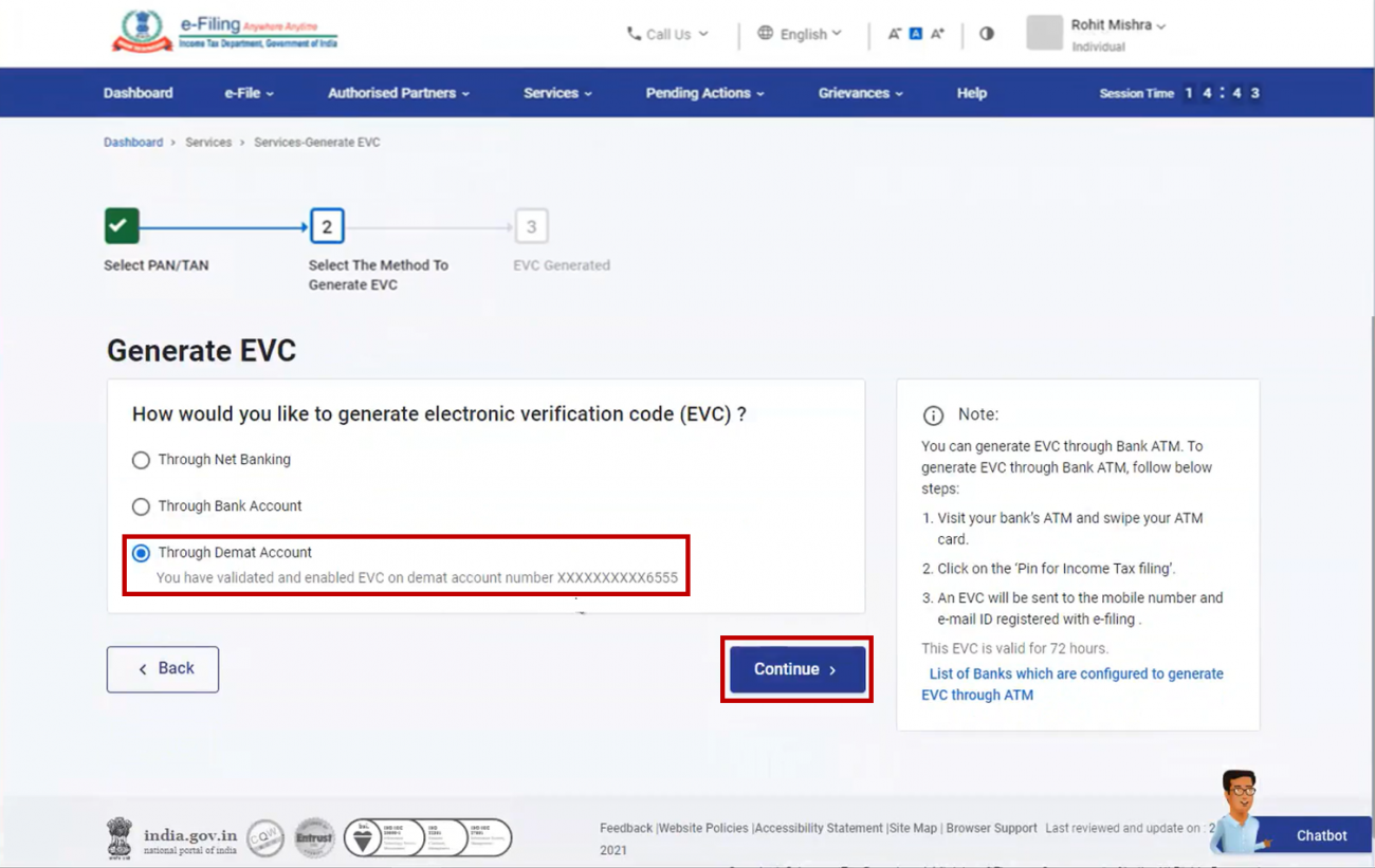 Generate EVC User Manual | Income Tax Department