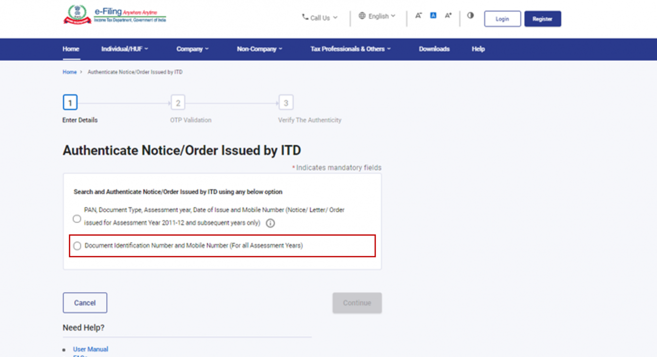 Authenticate the Notice issued by ITD User Manual | Income Tax Department