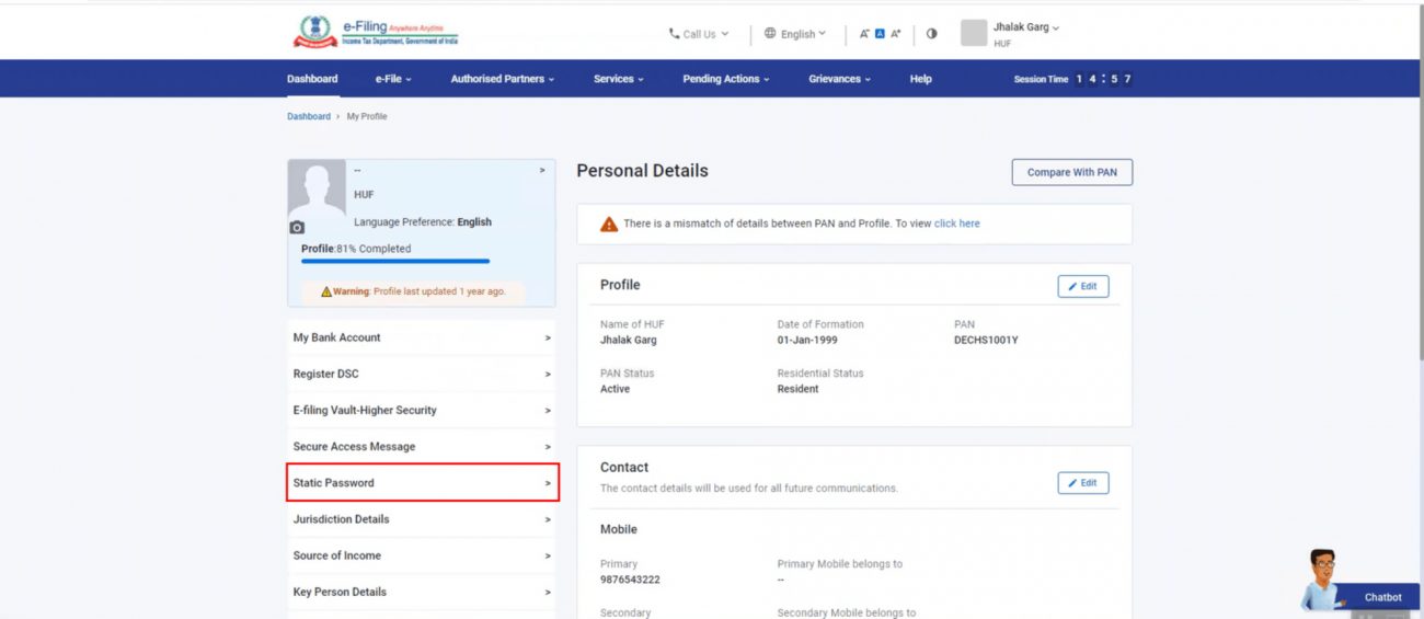 Generate Static Password User Manual | Income Tax Department