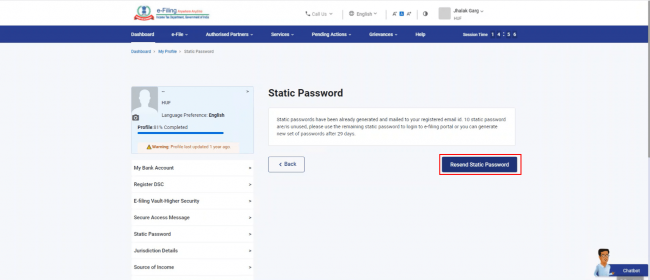 Generate Static Password User Manual | Income Tax Department