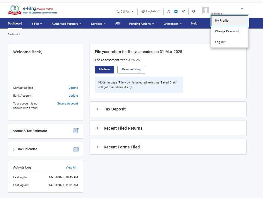 My Profile User Manual | Income Tax Department