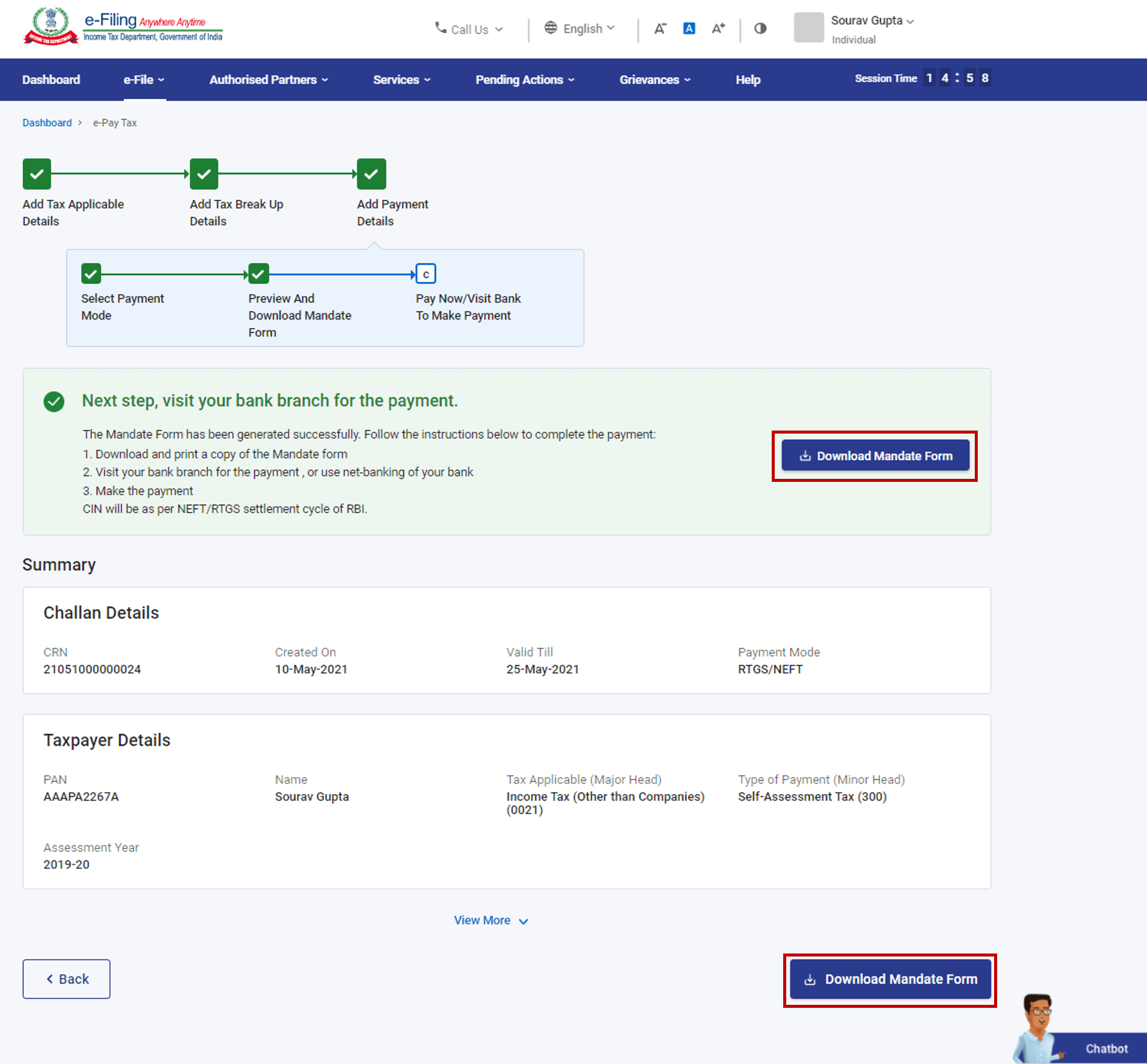 Create Challan Form (CRN) User Manual | Income Tax Department