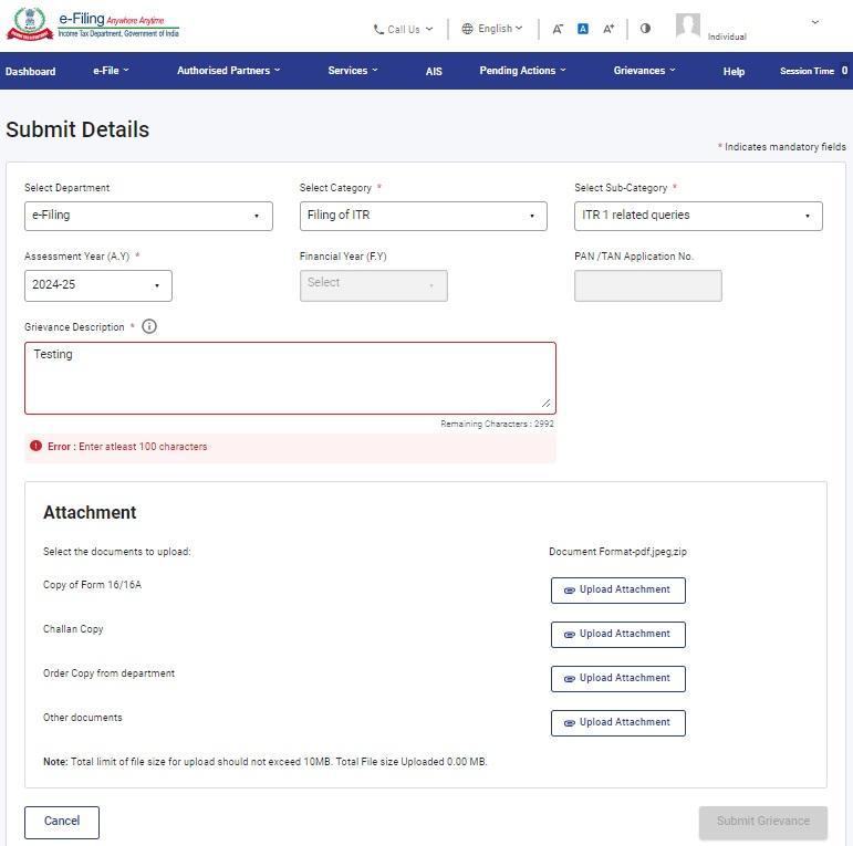 How to Raise Grievances- User Manual | Income Tax Department