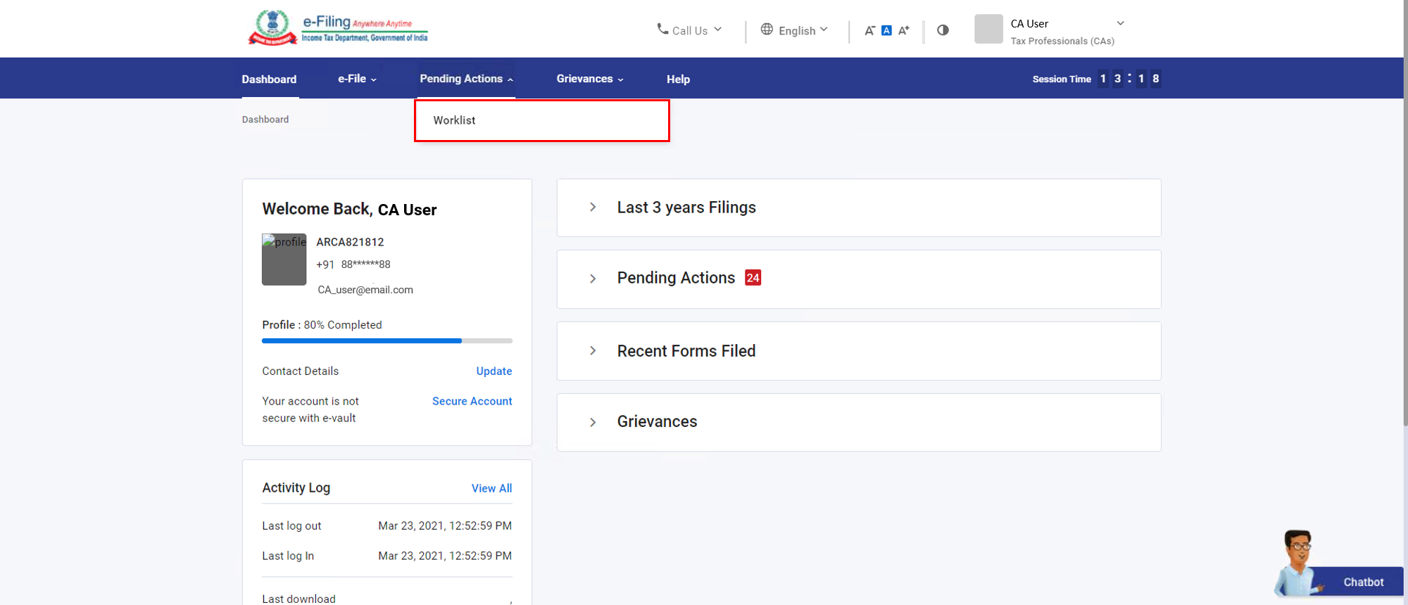 Dashboard and Worklist (CA) User Manual | Income Tax Department