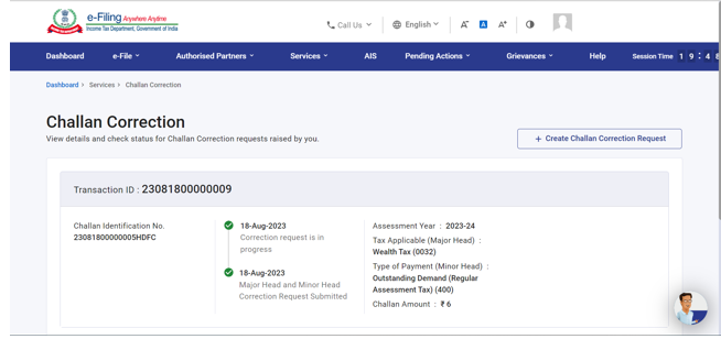 Challan Correction Request User Manual | Income Tax Department