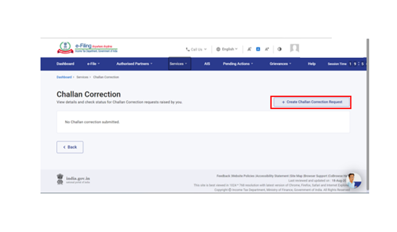 Challan Correction Request User Manual | Income Tax Department