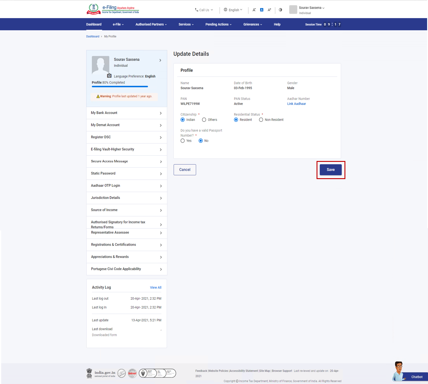 My Profile User Manual | Income Tax Department