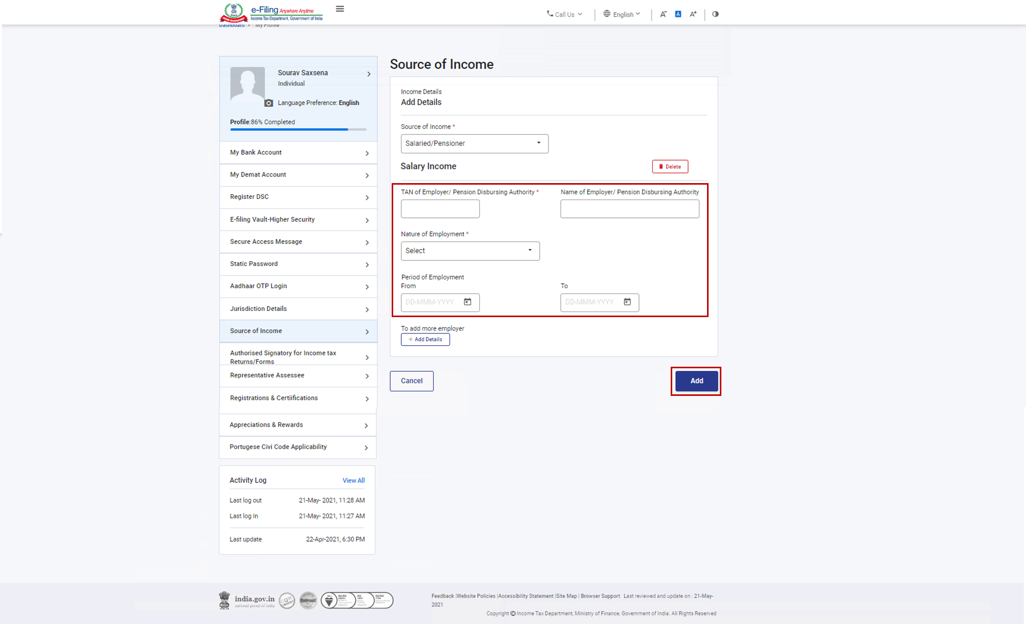 My Profile User Manual | Income Tax Department