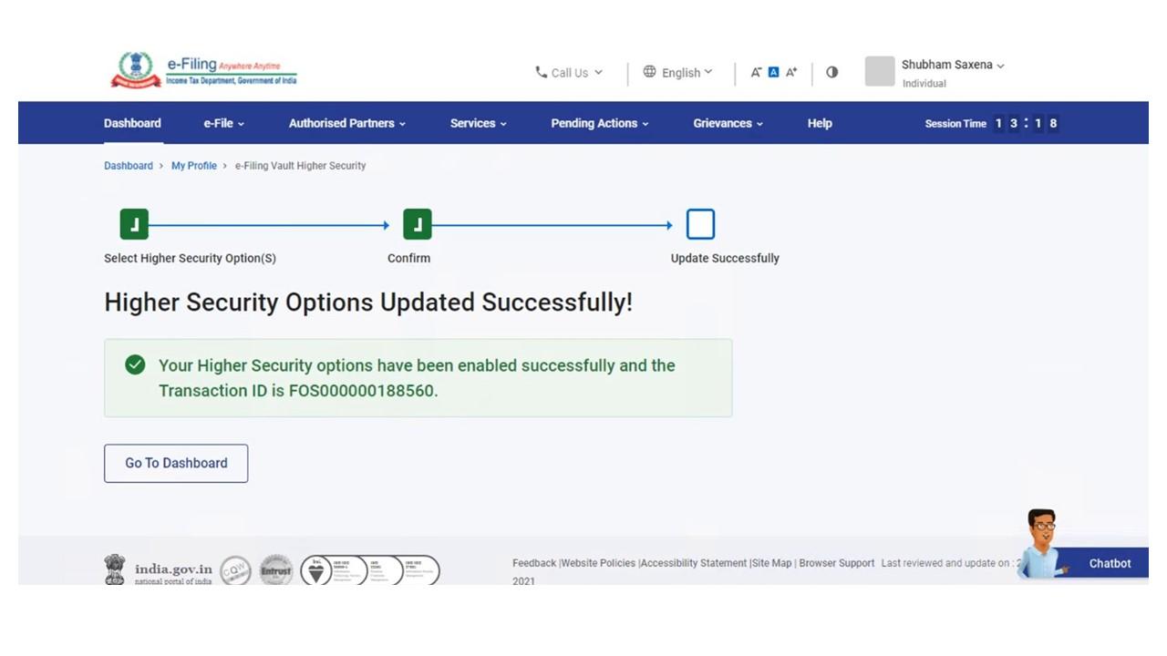 e-Filing Vault Higher Security User Manual | Income Tax Department