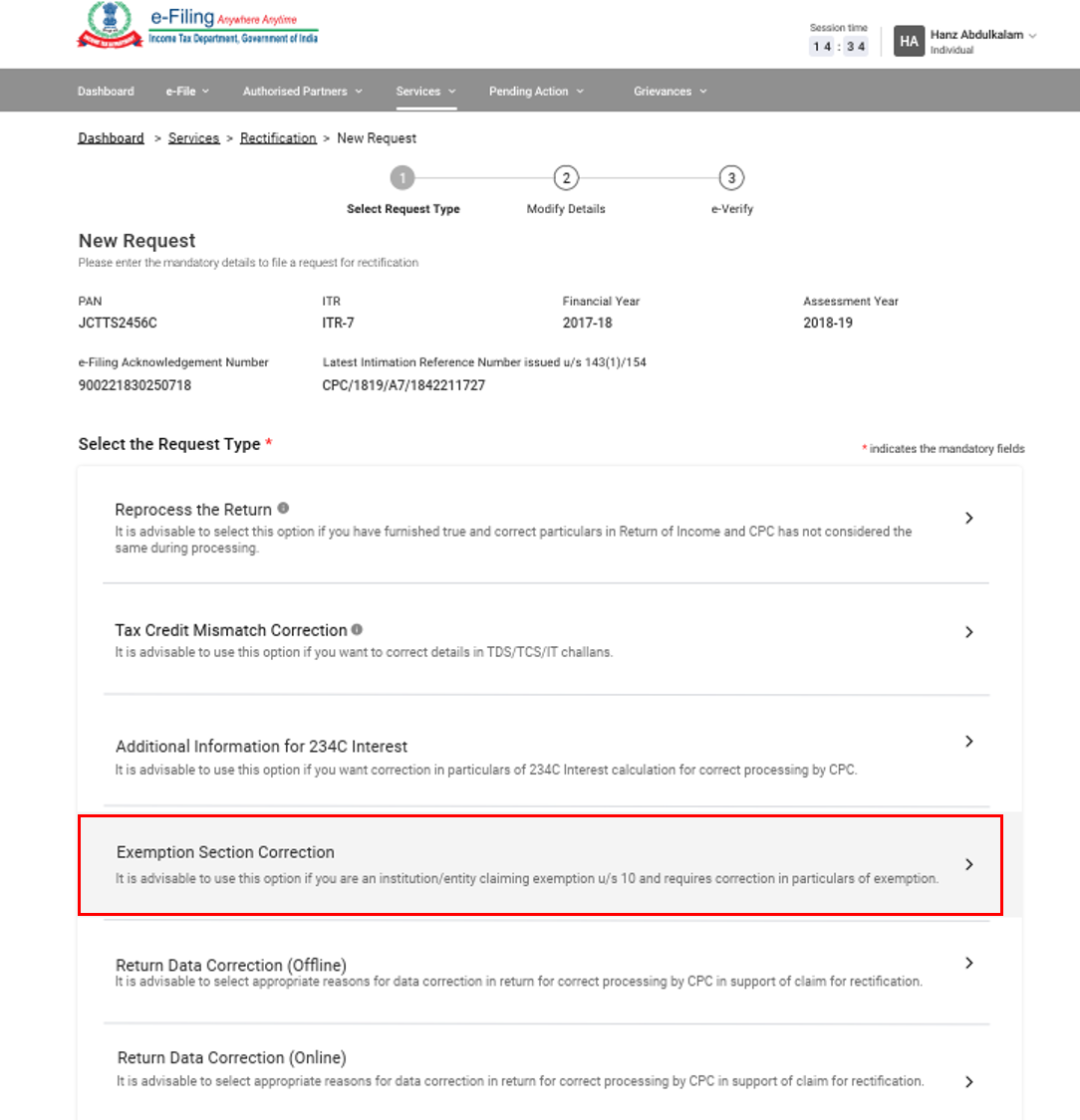 Raise Rectification Request User Manual | Income Tax Department
