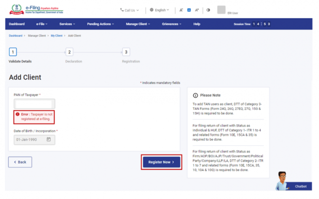 Add Clients (by ERIs) > User Manual | Income Tax Department