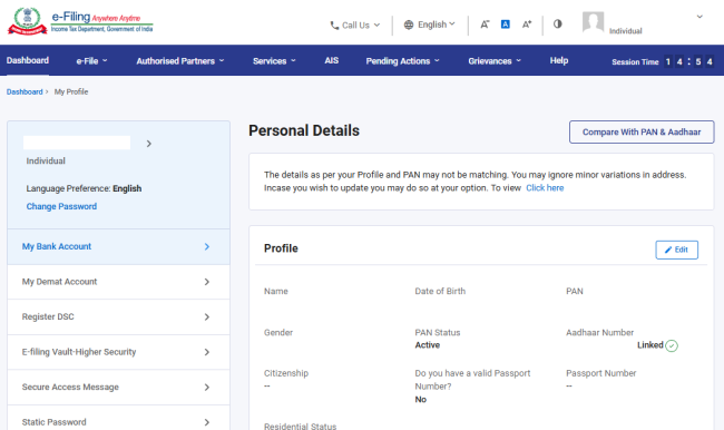 My Bank Account User Manual | Income Tax Department