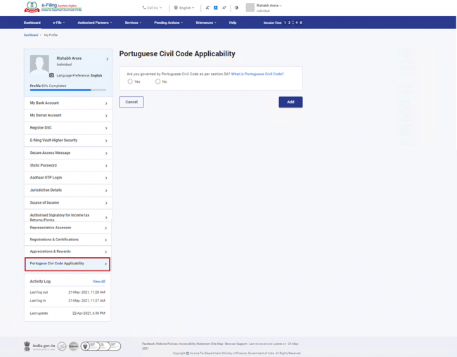 My Profile User Manual | Income Tax Department