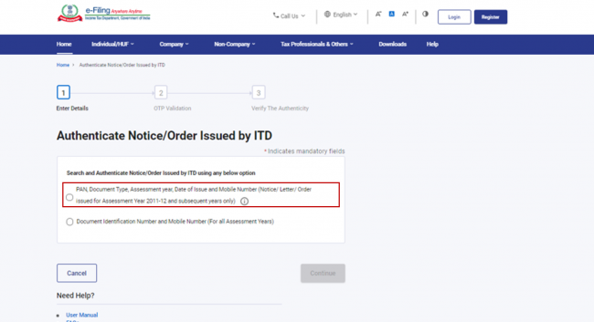 Authenticate the Notice issued by ITD User Manual | Income Tax Department