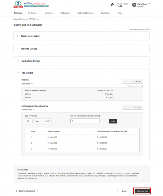 Income and Tax Estimator | Income Tax Department