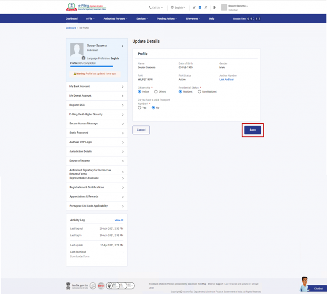 My Profile User Manual | Income Tax Department