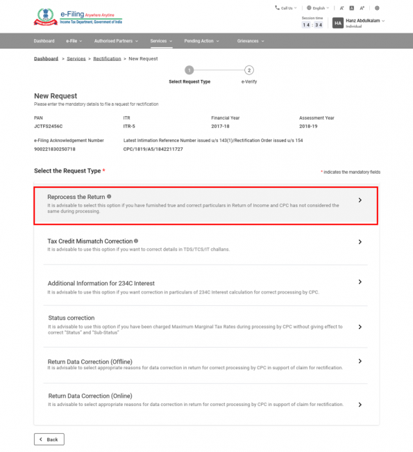 Raise Rectification Request User Manual | Income Tax Department